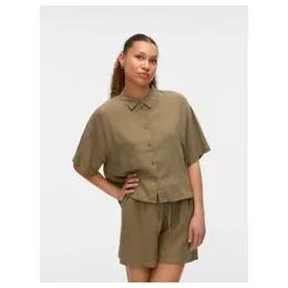 V&eacute;ro Moda Hemdbluse VERO MODA "VMLINN LINEN 2/4 SHORT SHIRT WVN NOOS", Damen, Gr. XL, kalamata detail:melange, Web, Obermaterial: 55% Leinen, 45% Viskose, meliert, regular fit, Blusen Hemdbluse