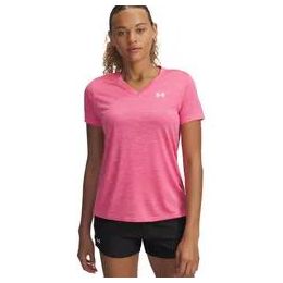 Trainingsshirt Under Armour "TECH SSV- TWIST", Damen, Gr. L, super pink,, wei&szlig;, Obermaterial: 100% Polyester, normal, V-Ausschnitt, Shirts, Kurzarm, atmungsaktiv, schnell trocknend, mit V-Ausschnitt