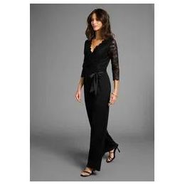 Jumpsuit Laura Scott, Damen, Gr. 36, N-Gr, schwarz, Milano Rib, Obermaterial: 70% Viskose, 25% Polyester, 5% Elasthan. Futter: 95% Viskose, 5% Elasthan. Spitze: 92% Polyamid, 8% Elasthan, leicht transparent, unifarben, figurbetont lang, V-Ausschnitt, Overalls Jumpsuit, mit Spitzenoberteil und Satin-Bindeg&uuml;rtel