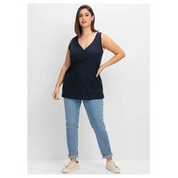 Tanktop sheego, Damen, Gr. 46, blau (tiefblau), 100% Baumwolle, unifarben, V-Ausschnitt, Tops Tanktop
