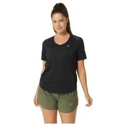 Laufshirt asics "ROAD V-NECK SS TOP", Damen, Gr. M (40), schwarz (performance schwarz), Jersey, Obermaterial: 94% Polyester, 6% Elasthan, unifarben, Rundhals, eingesetzt normaler Saum, Shirts Laufshirt