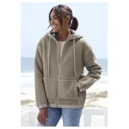 Fleecejacke ELBSAND, Damen, Gr. 44, grau (taupe), Fleece, Obermaterial: 100% Polyester, unifarben, gerade h&uuml;ftlang, B&uuml;ndchen, Jacken Fleecejacke, &Uuml;bergangsjacke aus Teddy-Fleece mit verstellbarer Kapuze, Topseller