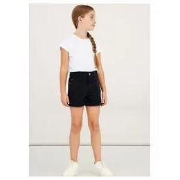 Shorts name it "NKFROSE HW MOM DNM SHORT", M&auml;dchen, Gr. 110, N-Gr, schwarz (schwarz denim), Denim/Jeans, Obermaterial: 80% Baumwolle, 18% Polyester, 2% Elasthan, unifarben, regular fit kurz, Hosen Shorts, Baumwollmischung, ausgefranster Saum, verstellbarer High Waist Bund