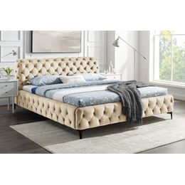 Riess Ambiente Design Doppelbett MODERN BAROCK 180x200cm champagner strukturierter Samt Chesterfield Riess-Ambiente