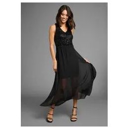 Abendkleid Laura Scott, Damen, Gr. 44, N-Gr, schwarz, Chiffon, Obermaterial: 95% Polyester, 5% Elasthan. Rock: 100% Polyester, unifarben, figurbetont ca. Mitte Wade, V-Ausschnitt, Kleider Abendkleid, mit Pailletten im Oberteil, Cocktailkleid