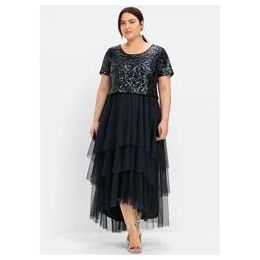 Abendkleid sheego "Abendkleid", Damen, Gr. 48, Normalgr&ouml;&szlig;en, blau (nachtblau), 100% Polyester, unifarben, lang, Rundhals, Kleider Abendkleid