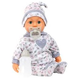 Babypuppe BAYER "First Words Baby, 38 cm, grau", grau, Puppen, Baby, mit Schlafaugen und Babyger&auml;uschen