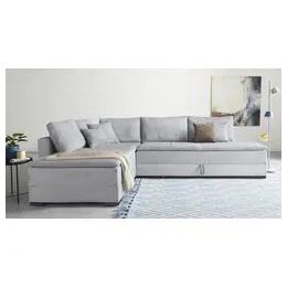 Ecksofa Home Affaire "Night & Day L-Form, B: 321 cm, mit Dauer-Schlaffunktion 180x200 cm", grau (hellgrau), B:321cm T:218cm, 100% Polyester, Sofas, Ecksofa, Bettfunktion, Bettkasten, Topper & 3 Zierkissen, Boxspringbett in Cord, Topseller
