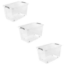 Aufbewahrungsbox keeeper "Clipbox Leo (Set 3 St.) 56 L, 59 x 38 x 35,5 cm", transparent, B:59cm H:35,5cm T:38cm, Kunststoff, Aufbewahrungsboxen, Aufbewahrungsbox, Schanierclips, Doppel&ouml;ffnung, 90 drehbare R&auml;der, fixierbarer Deckel