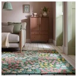 Wollteppich FLAIR RUGS "Emilia Floral, Hoch-Tief-Struktur", bunt (multi), B:160cm H:9mm L:230cm, Wolle, Teppiche, florales Design, Wohnzimmer, Schlafzimmer, Esszimmer