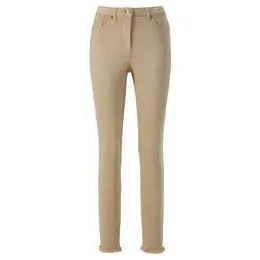 Madeleine Mode Regular-fit-Jeans MADELEINE "Jeans Mid Waist Skinny-Hose mit Fransen", Damen, Gr. 19, N + K Gr, beige (caramel), Obermaterial: 92% Baumwolle CO. 6% Polyester PES. 2% Elasthan EL., Modern, normal, Jeans, mit Fransensaum