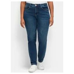 Stretch-Jeans sheego, Damen, Gr. 22, Kurzgr&ouml;&szlig;en, blau (dunkelblau denim), 96% Baumwolle, 4% Elasthan, unifarben, lang, Jeans