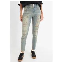 Skinny-fit-Jeans bonprix "Skinny Jeans High Waist, Stretch", Damen, Gr. 46, N-Gr, blau (hellblau denim heavy washed), Denim/Jeans, Obermaterial: 76% Baumwolle, 16% Polyester, 7% Viskose, 1% Elasthan, Abriebeffekte, Destroyed-Effekte, skinny fit kn&ouml;chelfrei, Jeans, Skinny-fit, mit breitem High Waist Bund, coole Destroyed Effekte