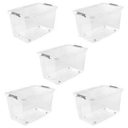 Aufbewahrungsbox keeeper "Clipbox Leo (Set 5 St.) 56 L, 59 x 38 x 35,5 cm", transparent, B:59cm H:35,5cm T:38cm, Kunststoff, Aufbewahrungsboxen, Aufbewahrungsbox, Schanierclips, Doppel&ouml;ffnung, 90 drehbare R&auml;der, fixierbarer Deckel