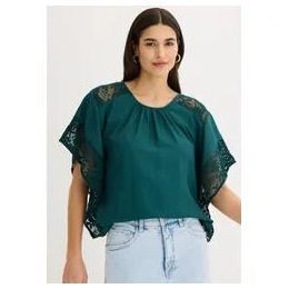 Langarmbluse bonprix, Damen, Gr. 44, gr&uuml;n (tiefgr&uuml;n), Obermaterial: 100% Polyester. Spitze: 100% Polyester, figurumspielend, Blusen, figurumspielende Passform, aus Polyester, mit Applikationen