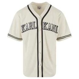 Kurzarmshirt Karl Kani "Karl Kani College Baseballshirt", Damen, Gr. XS, sanftes wei&szlig;, schwarz, 100% Polyester, bedruckt, normal, V-Ausschnitt, Shirts
