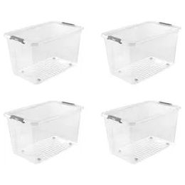 Aufbewahrungsbox keeeper "Clipbox Leo (Set 4 St.) 56 L, 59 x 38 x 35,5 cm", transparent, B:59cm H:35,5cm T:38cm, Kunststoff, Aufbewahrungsboxen, Aufbewahrungsbox, Schanierclips, Doppel&ouml;ffnung, 90 drehbare R&auml;der, fixierbarer Deckel