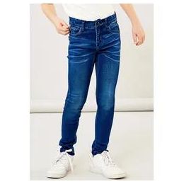 Slim-fit-Jeans name it "NKMTHEO XSLIM JEANS", Jungen, Gr. 146, N-Gr, blau (dunkelblau denim), Denim/Jeans, Obermaterial: 41% Viskose, 31% Baumwolle, 25% Polyester, 3% Elasthan, Abriebeffekte, slim fit lang, Jeans Slim-fit-Jeans