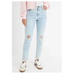 Mom-Jeans bonprix, Damen, Gr. 46, N-Gr, blau used, Denim/Jeans, Obermaterial: 82% Baumwolle, 17% Polyester, 1% Elasthan, regular fit, Jeans, modischer Schnitt, Regular Fit, ausgefranster Saum