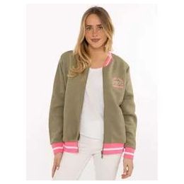Sweatjacke Zwillingsherz "College", Damen, Gr. L/XL, khaki, Sweatware, Obermaterial: 50% Baumwolle, 50% Polyester, Sweatjacken Sweatjacke, Rei&szlig;verschluss, gestreiften Rippb&uuml;ndchen, Eingriffstaschen, Stickerei