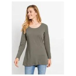 Langarmshirt bonprix "Langarmshirt aus reiner Baumwolle", Damen, Gr. 44/46 (L), gr&uuml;n (oliv), Jersey, Obermaterial: 100% Baumwolle, unifarben, loose fit Po-bedeckend, Rundhals, Shirts Langarmshirt, lockere Passform, Langarm-Design, abgerundeter Saum, aus Baumwolle