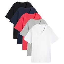 Longshirt bonprix "Weites Long-Shirt mit V-Ausschnitt, Kurzarm (5er Pack)", Damen, Gr. 52/54 (XXL), schwarz, hibiskuspink, hellgrau meliert, wei&szlig;, dunkelblau, Jersey, Obermaterial: 90% Baumwolle, 10% Viskose, mehrfarbig, unifarben, loose fit normal, V-Ausschnitt, gerader Abschluss, Shirts Longshirt, lockere Passform, Kurzarm, mit V-Ausschnitt, unifarben