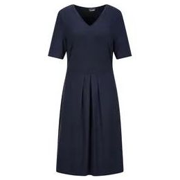 Jerseykleid GOLDNER "Viskosekleid mit Kellerfalten", Damen, Gr. 54, N-Gr, blau (marine), Obermaterial: 92% Viskose CV. 8% Elasthan EL., figurbetont, V-Ausschnitt, Kleider Jerseykleid, stretchbequemer Viskosejersey