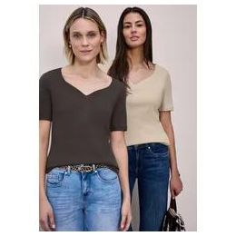 T-Shirt Street One, Damen, Gr. 42, cotton beige, espresso braun, Web, 50% Baumwolle, 50% Modal, unifarben, normal normal, Rundhals, abgesteppt, Shirts T-Shirt, im soften Baumwoll-Mix