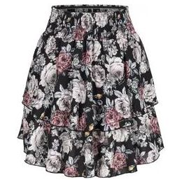 Sommerrock CLOUD 5IVE "CLOUD 5IVE Tiered Mini Skirt wit flower aop", Damen, Gr. S, schwarz, multi, 95% Polyester, 5% Elasthan, normal, R&ouml;cke