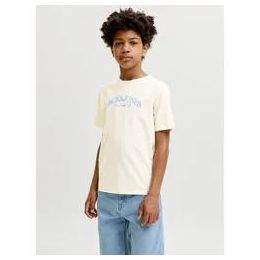 Jack & Jones T-Shirt JACK & JONES JUNIOR "JORCASSIS BRANDING TEE SS CREW NECK JNR", Jungen, Gr. 152, antique wei&szlig;, Single Jersey, Obermaterial: 100% Baumwolle, bedruckt, regular fit normal, Rundhals, Shirts T-Shirt, Baumwolle, normal geschnitten
