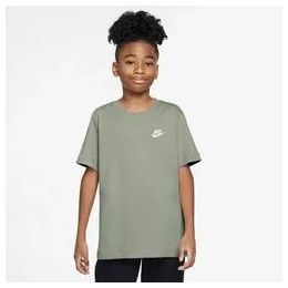 T-Shirt Nike SPORTSWEAR "K NSW TEE EMB FUTURA LBR", M&auml;dchen, Gr. M (140/146), spruce fog, wei&szlig;, angeraute Sweatware, Obermaterial: 100% Baumwolle, normal, angesetztes B&uuml;ndchen, Shirts T-Shirt, f&uuml;r Jugendliche, mit Kapuze, gerader Schnitt, sportlicher Stil