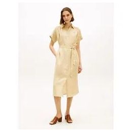 Hemdblusenkleid Tommy Hilfiger "LINEN BELTED KNEE SS SHIRT DRESS", Damen, Gr. L (42/44), N-Gr, harvest wheat, Web, Obermaterial: 100% Leinen, unifarben, regular fit knielang, Kleider, mit Bindeg&uuml;rtel