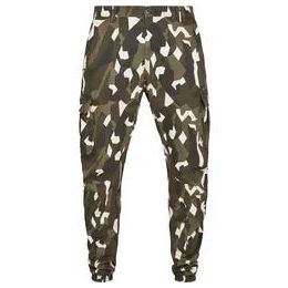 Cargohose Urban Classics "Urban Classics Herren Geometric Camo Stretch Twill Cargo Pants", Damen, Gr. 34, Normalgr&ouml;&szlig;en, woodcamo, 98% Baumwolle, 2% Elasthan, slim fit, Hosen Cargohose