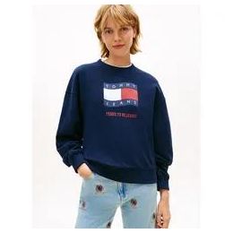 Tommy Hilfiger Sweatshirt TOMMY JEANS "TJW BXY WAVY FLAG CREW EXT", Damen, Gr. XXL (44), schwarz night navy, Sweatware, Obermaterial: 100% Baumwolle, bedruckt, l&auml;ssig geschnitten normal, Rundhals, Rippb&uuml;ndchen, Sweatshirts Sweatshirt, Boxy Fit mit Rundhals