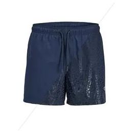 Jack & Jones Badeshorts JACK & JONES "JPSTMAUI SPLASH MAGIC SWIM SHORTS", Herren, Gr. M, N-Gr, navy blazer, Polyester, unifarben, Badehosen Badeshorts