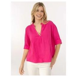 Schlupfbluse Zwillingsherz "Neon Kante", Damen, neonpink, Stoff, Obermaterial: 100% Baumwolle, figurumspielend Po-bedeckend, V-Ausschnitt, gerader Abschluss krempelbar, Blusen Schlupfbluse, Musselin, eingefasster V-Neck in Neon, 3/4 Arm, hinten leicht l&auml;nger