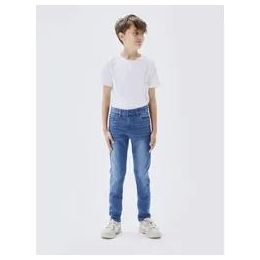 Slim-fit-Jeans name it "NKMTHEO XSLIM JEANS", Jungen, Gr. 110, N-Gr, blau (medium, blau, denim), Denim/Jeans, Obermaterial: 41% Viskose, 31% Baumwolle, 25% Polyester, 3% Elasthan, Abriebeffekte, slim fit lang, Jeans Slim-fit-Jeans