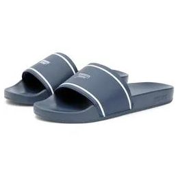 Tommy Hilfiger Badepantolette TOMMY JEANS "TJW POOLSLIDES", Damen, Gr. 42, blau, Lederimitat, unifarben mit Farbeinsatz, Basic, Schuhe, Strandschuh, Pantolette, Flat mit Kontraststreifen
