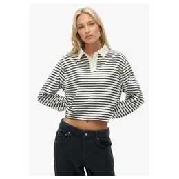 Langarm-Poloshirt Superdry "ATH ESS CROPPED STRIPE RUGBY", Damen, Gr. S, ecru stripe, Single Jersey, Obermaterial: 100% Baumwolle, gestreift, oversize normal, ohne Ausschnitt, Shirts