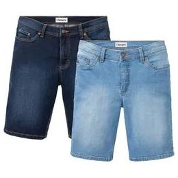 Jeansbermudas bonprix, Herren, Gr. 64, N-Gr, mittelblau denim, dunkelblau denim, Denim/Jeans, Obermaterial: 98% Baumwolle, 2% Elasthan, regular fit kniefrei, Jeans, mit Elasthan-Anteil, im Straight Fit, mit Used-Effekten, 5-Pocket-Form