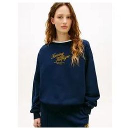 Sweatshirt Tommy Hilfiger "MDRN SCRIPT TERRY SWEATSHIRT", Damen, Gr. XL (46), schwarz night navy, Sweatware, Obermaterial: 100% Baumwolle, unifarben mit Farbeinsatz, regular fit kurz, Rundhals, Sweatshirts Sweatshirt, mit Tommy Hilfiger-Branding