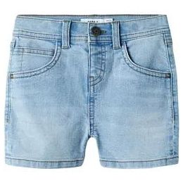 Jeansshorts name it "NMMRYAN ST DNM SHORTS 1080-DT TB", M&auml;dchen, Gr. 98, N-Gr, light blau denim, Denim/Jeans, Obermaterial: 78% Baumwolle, 21% Polyester, 1% Elasthan, unifarben, straight fit kurz, Jeans Jeansshorts