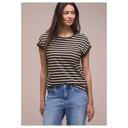 T-Shirt Street One, Damen, Gr. 34, espresso braun, Jersey, Obermaterial: 50% Baumwolle, 50% Modal, gestreift, regular fit normal, Rundhals, Shirts T-Shirt, mit Streifen Muster