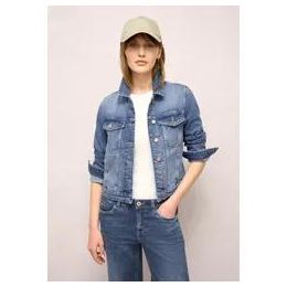 Jeansjacke STREET ONE STUDIO, Damen, Gr. 44, medium blau wash, Jeans, 98% Baumwolle, 2% Elasthan, unifarben, normal normal, V-Ausschnitt, abgesteppt, Jacken Jeansjacke, im Denim-Style