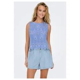 Spitzentop Only "ONLTULUM SL EMB TOP NOOS WVN", Damen, Gr. M, blau bonnet detail:hellwei&szlig; emb., Web, Obermaterial: 100% Baumwolle, unifarben, regular fit taillenbedeckt, Rundhals, Tops Spitzentop