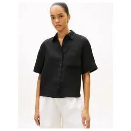 Kurzarmbluse Tommy Hilfiger "ESS LINEN SHORT SLEEVE SHIRT", Damen, Gr. M (40), schwarz, Web, Obermaterial: 100% Leinen, unifarben, gerade normal, V-Ausschnitt, abgesteppte Kante, Blusen, mit aufgesetzter Brusttasche und Flag-Stickerei, reines Leinen