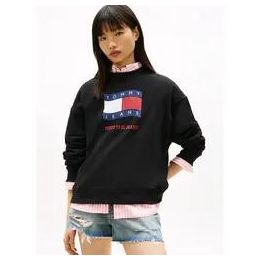 Tommy Hilfiger Sweatshirt TOMMY JEANS "TJW BXY WAVY FLAG CREW EXT", Damen, Gr. XXXL(46), schwarz, Sweatware, Obermaterial: 100% Baumwolle, bedruckt, l&auml;ssig geschnitten normal, Rundhals, Rippb&uuml;ndchen, Sweatshirts Sweatshirt, Boxy Fit mit Rundhals