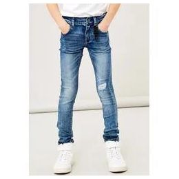 Stretch-Jeans name it "NKMPETE DNMTONSON", Jungen, Gr. 98, N-Gr, blau (medium blau denim), Denim/Jeans, Obermaterial: 74% Baumwolle, 24% Polyester, 1% Elasthan, 1% Viskose, Abriebeffekte, skinny fit normal, Jeans