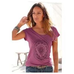 Strandshirt Lascana, Damen, Gr. 48/50, brombeere, Jersey, Obermaterial: 100% Viskose, unifarben, figurumspielend h&uuml;ftlang, Rundhals, Shirts, mit Print und gl&auml;nzendem Effekt, Ethno-Look, casual, Topseller
