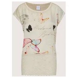 Madeleine Mode Print-Shirt MADELEINE "Spitzenshirt Sommershirt mit Schmetterlings-Print", Damen, Gr. 48, gold (macchiato, goldfarben, multicolor), Obermaterial: 50% Polyester PES. 50% Baumwolle CO., Modern, gerade, Shirts, Breiter Spitzensaum